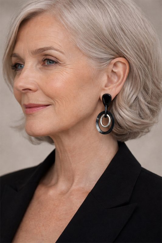Soyang Horn Double Round Loop Earring Marble/Silver - Differente Boutique